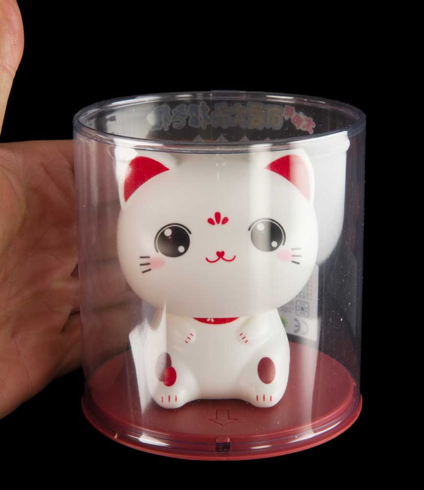 Chat chinois solaire - Yeux ouverts - Tête animée Maneki Neko blanc