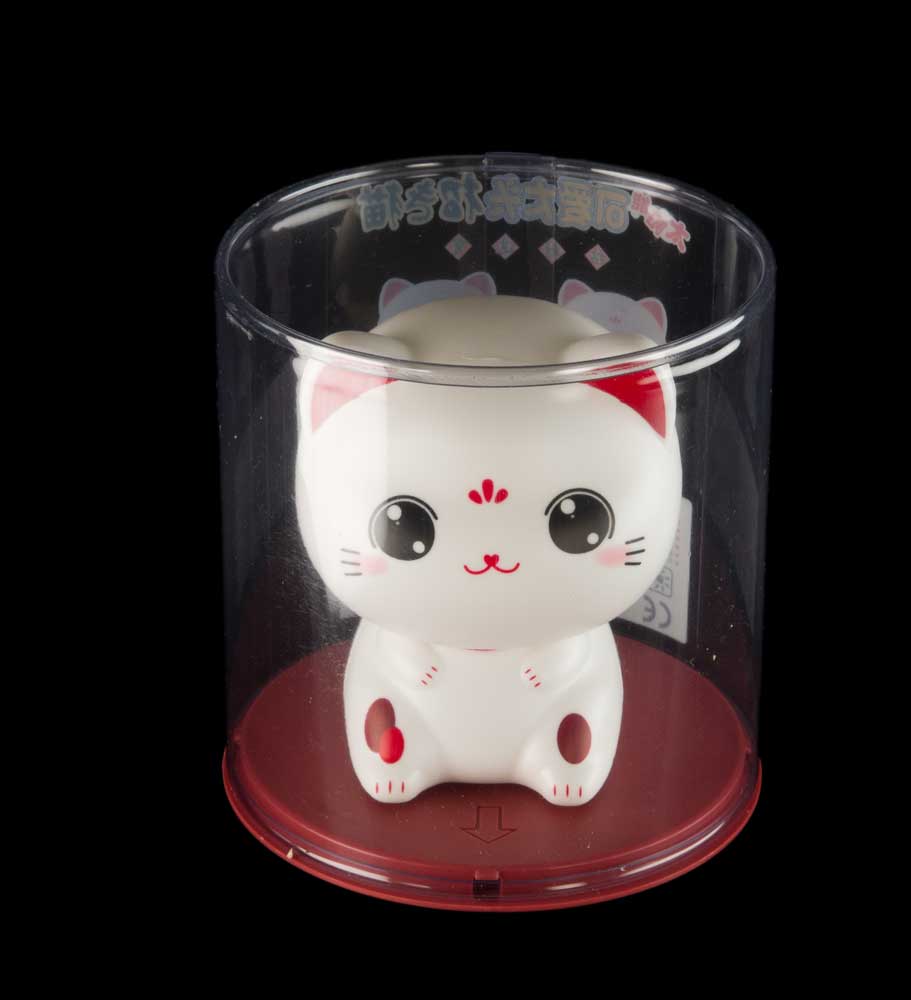 Chat chinois solaire - Yeux ouverts - Tête animée Maneki Neko blanc