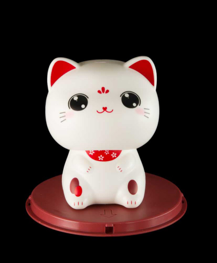 Chat chinois solaire - Yeux ouverts - Tête animée Maneki Neko blanc