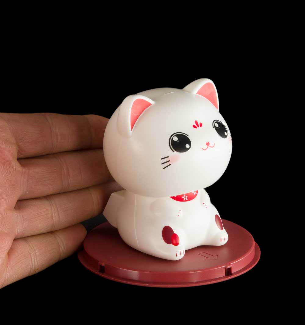 Chat chinois solaire - Yeux ouverts - Tête animée Maneki Neko blanc