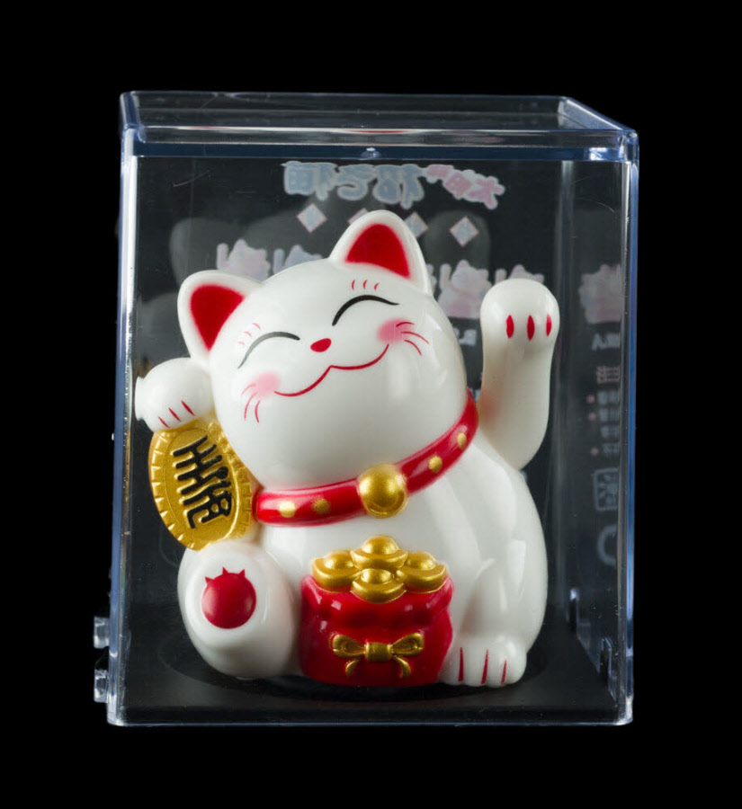 Mini Chat chinois solaire - Maneki neko blanc patte gauche animée