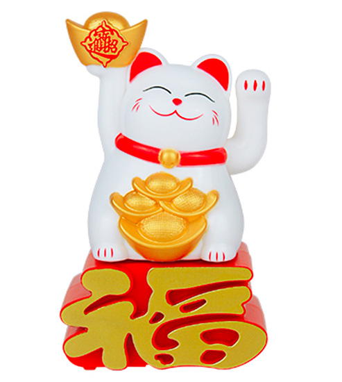 Chat Maneki Neko Solaire Blanc et son Lingot de Bonne Fortune