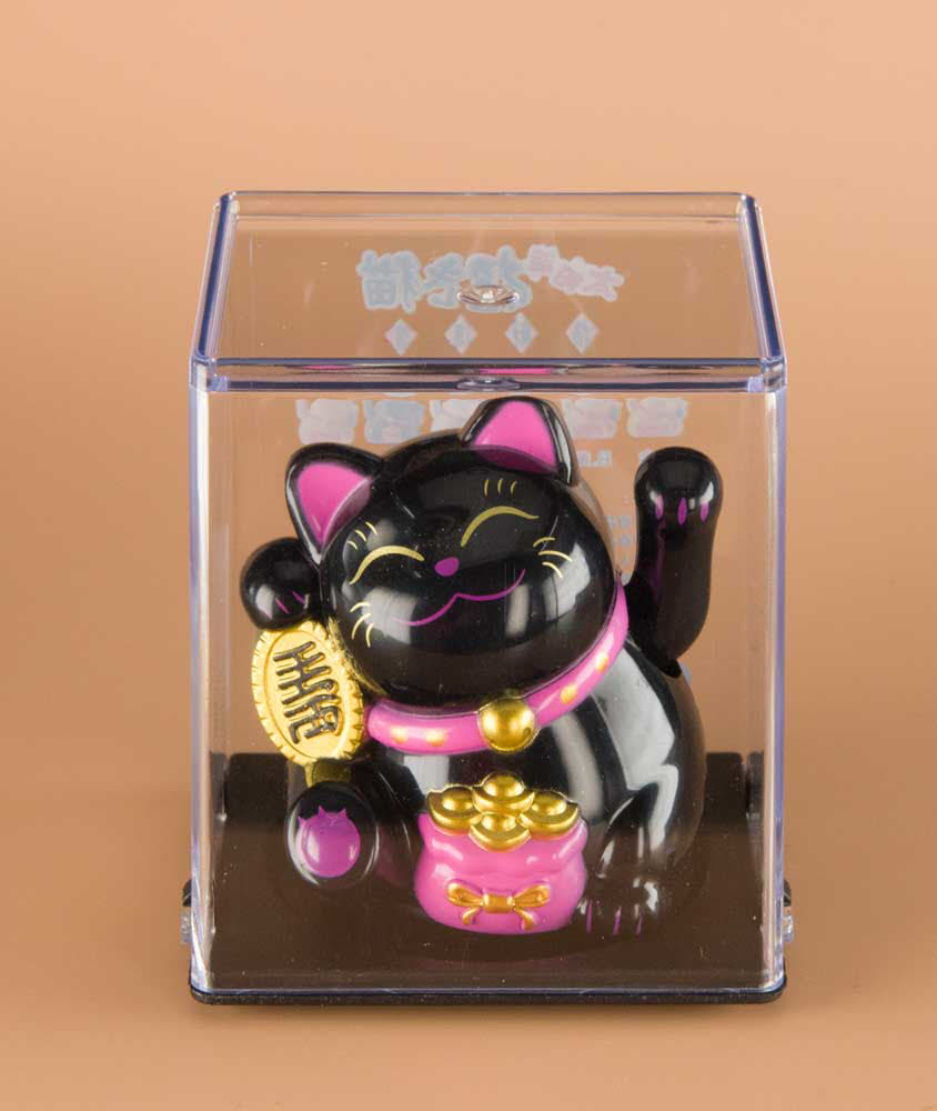 Mini chat chinois solaire - Maneki neko noir patte gauche animé