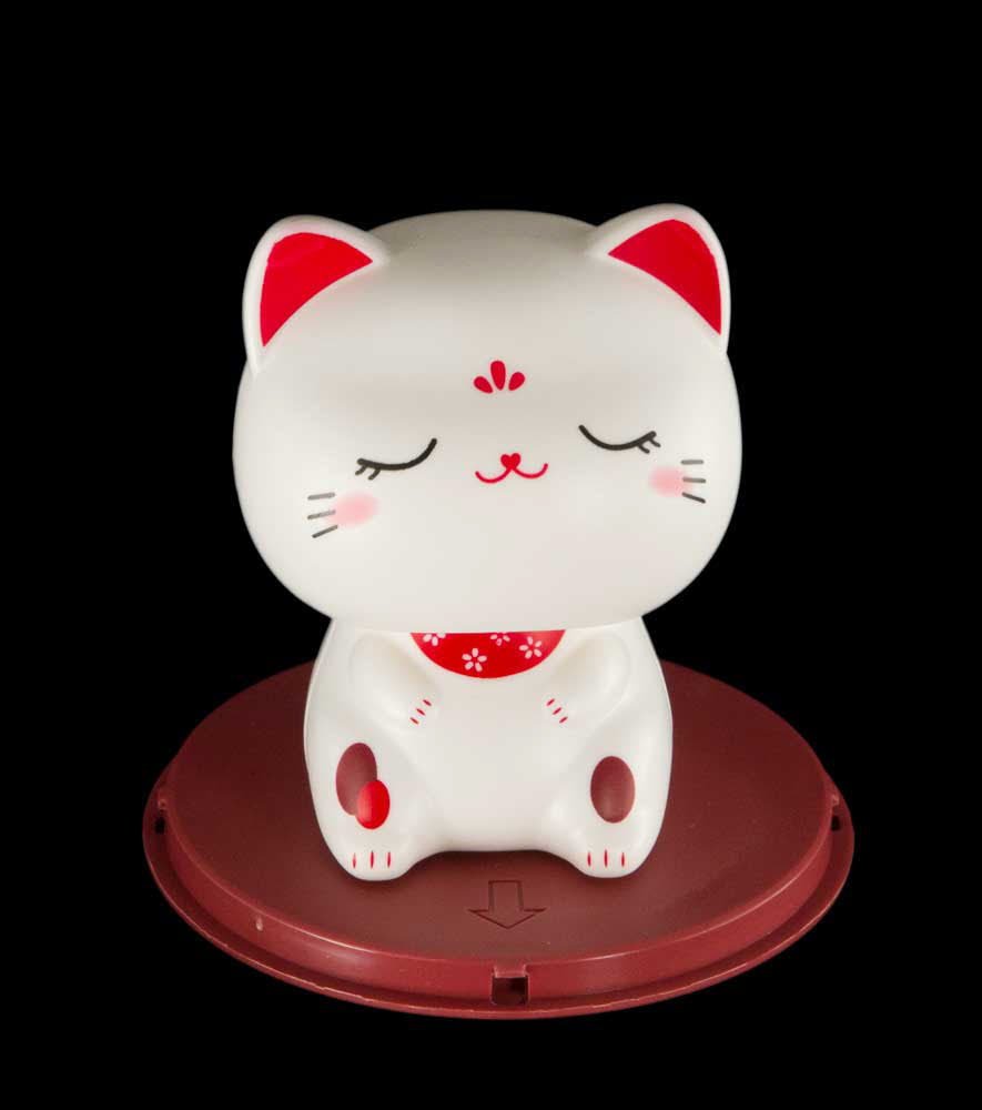 Chat chinois solaire - Yeux fermés - Tête animée Maneki Neko blanc